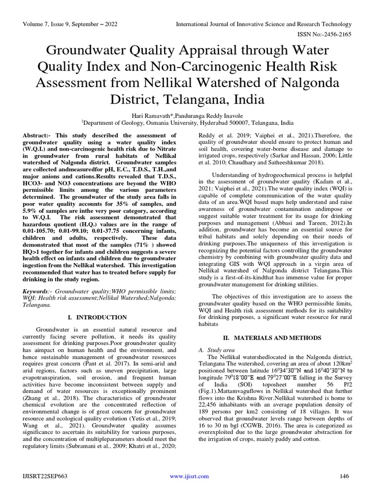 Groundwater Quality Appraisal Through Water Quality Index and Non ...
