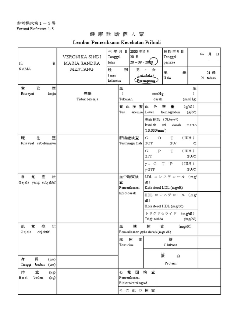 健康診断個人票、受診者の申告書 Veronika Sindi Pdf