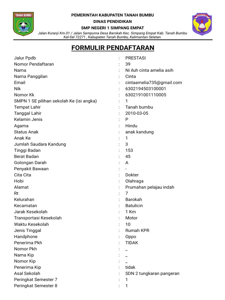 Cetak Formulir Pendaftaran | PDF