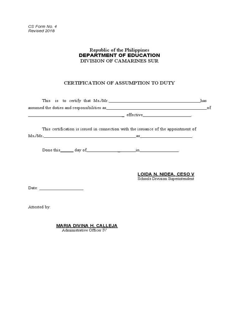 Cs Form 4 Assumption To Duty | PDF