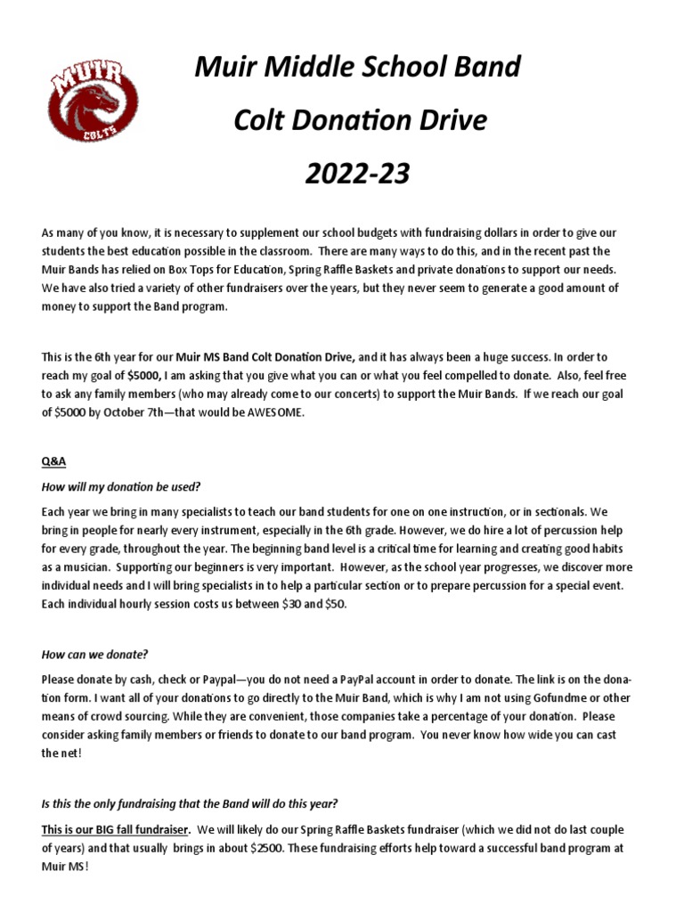 Muir Band Colt Donation Drive 2022-23 | PDF