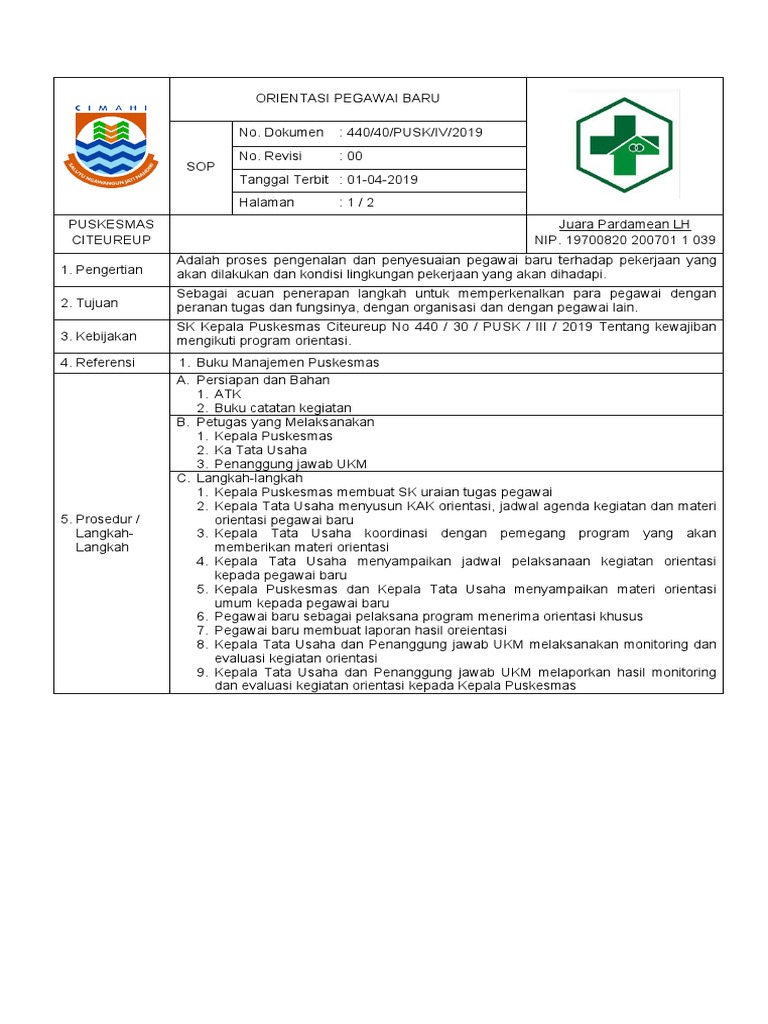 5.1.2.3. SOP Orientasi Pegawai Baru | PDF