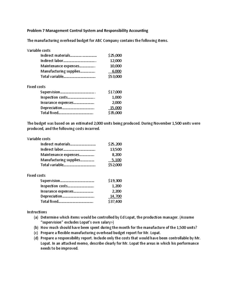 Problem 7 & 8 Management Control System and Responsibility Accounting ...