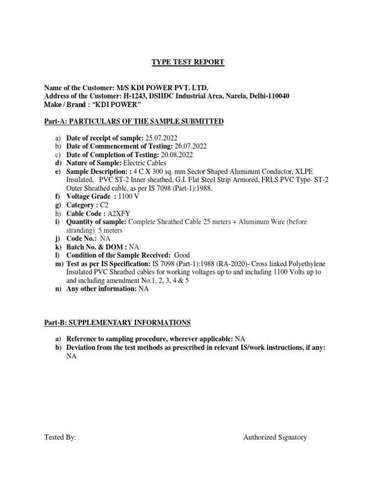 Draft Test Report - 4 C X 300 Sq. MM A2XFY FRLS | PDF | Wire ...