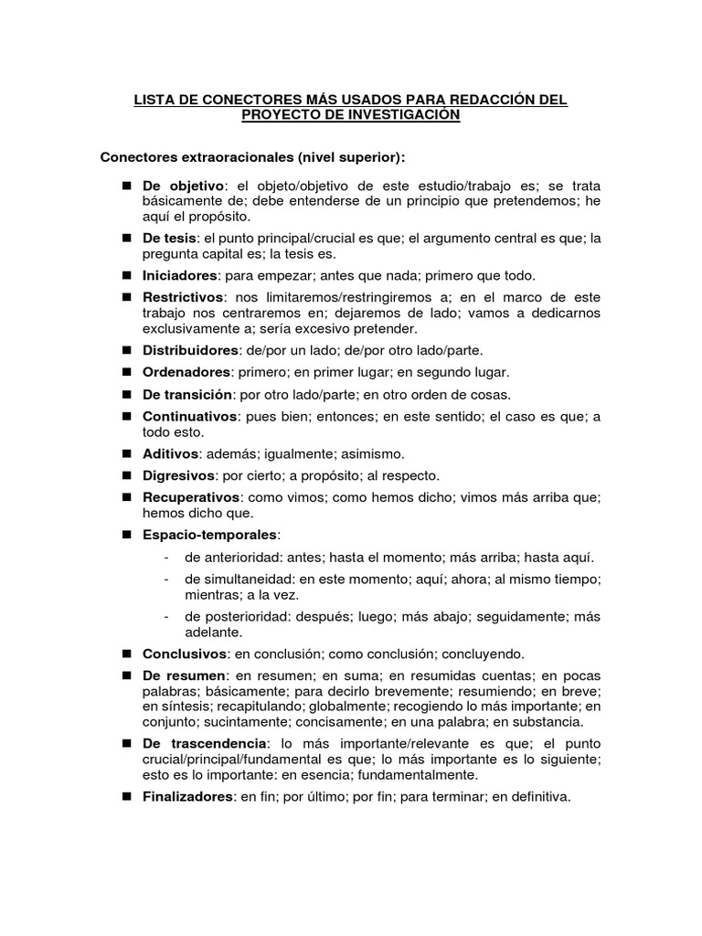 Lista de Conectores Más Usados para Redacción Del Proyecto de ... Lista de Conectores Más Usados para Redacción Del Proyecto de ...