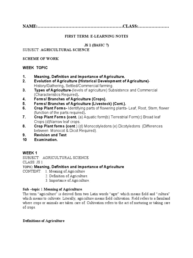 Basic 7 Agric SC 1ST Term E-Notes | PDF | Agriculture | Leaf