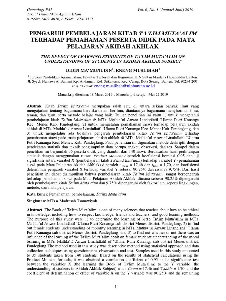 Pengaruh Pembelajaran Kitab Ta'Lim Muta'Alim Terhadap Pemahaman Peserta Didik Pada Mata ...