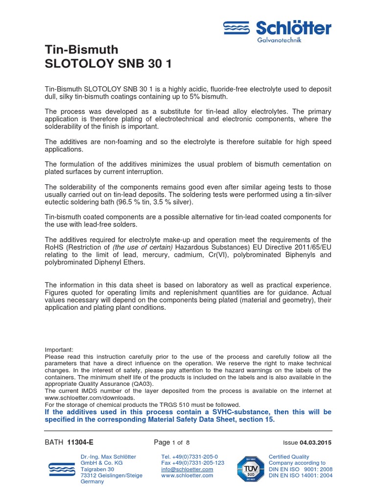 E Tin Bismuth SLOTOLOY SNB 30 1 | Download Free PDF | Chemistry | Materials