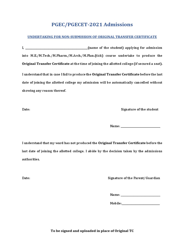 PGECET 2021 admission undertaking for missing transfer certificate | PDF