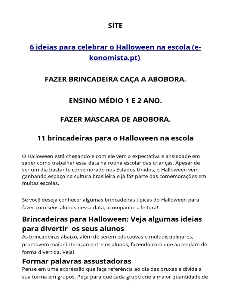 Brincadeiras de Halloween para a Escola | PDF | Dia das Bruxas