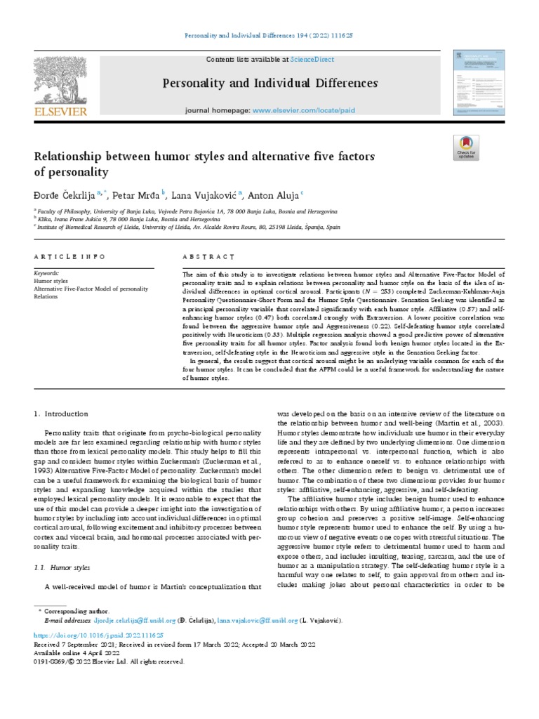 Relationship Between Humor Styles and Alternative Five Factors of ...