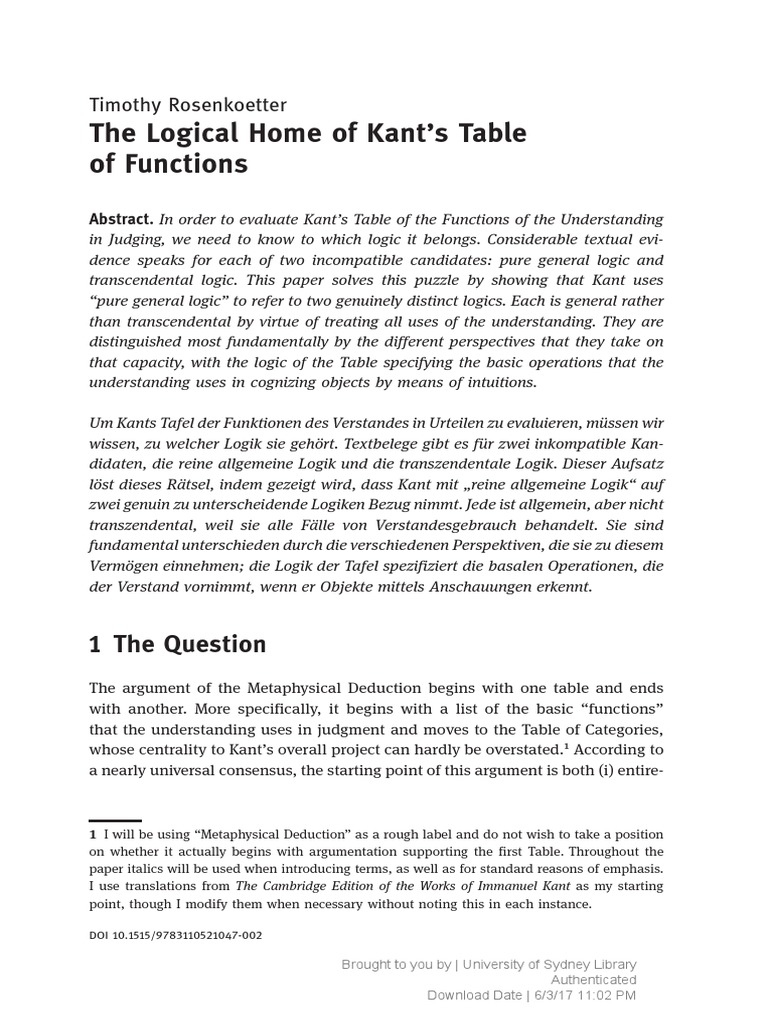 The Logical Home of Kant's Table of Functions | PDF | Immanuel Kant ...