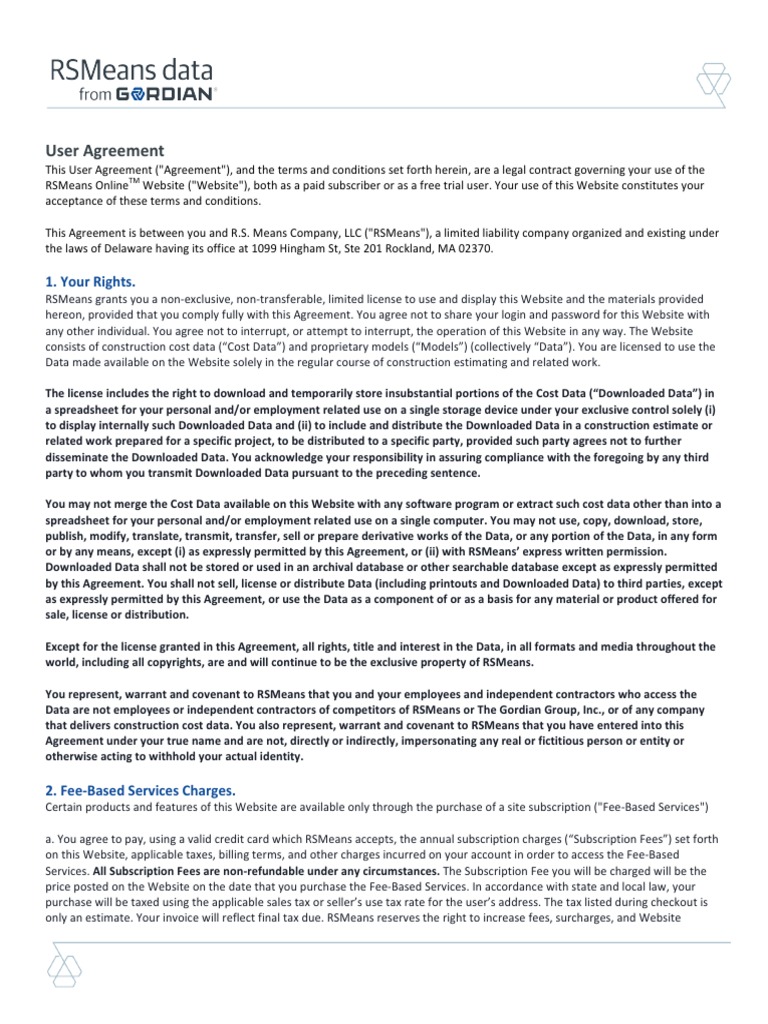 RSMeans Online User Agreement | PDF | Fee | Indemnity