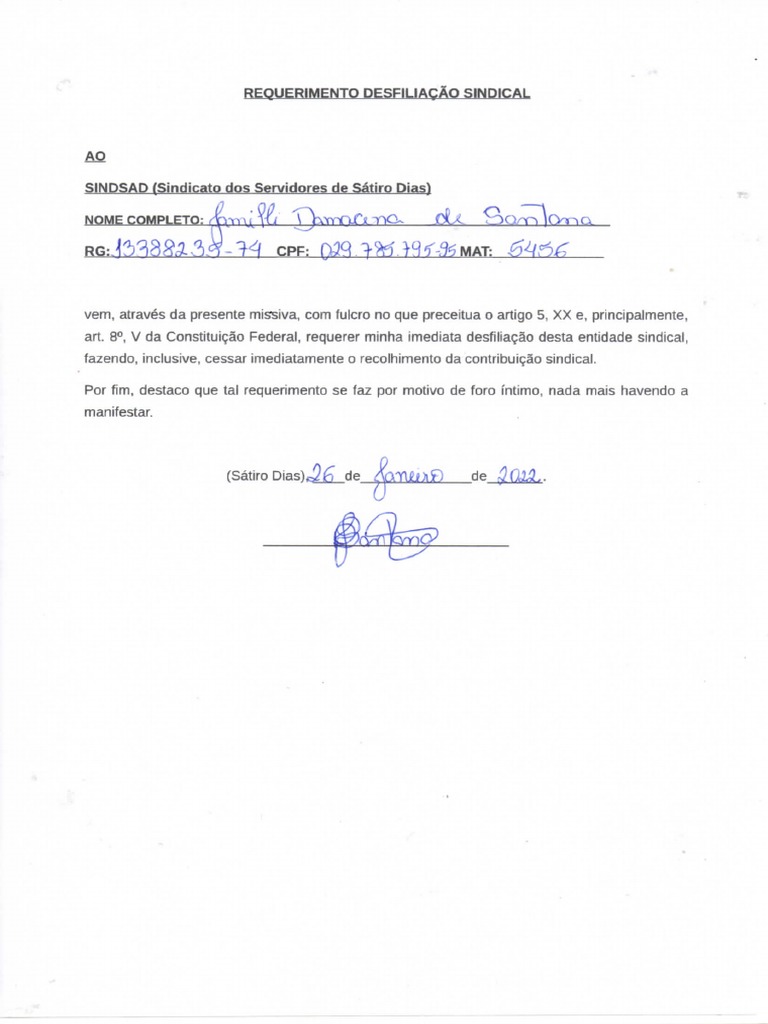 Declaração para Sindicato | PDF