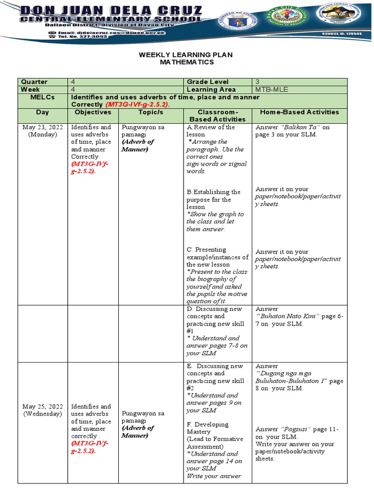 WK4_WEEKLY-LEARNING-PLAN_MTB | PDF | Pedagogy | Education Theory