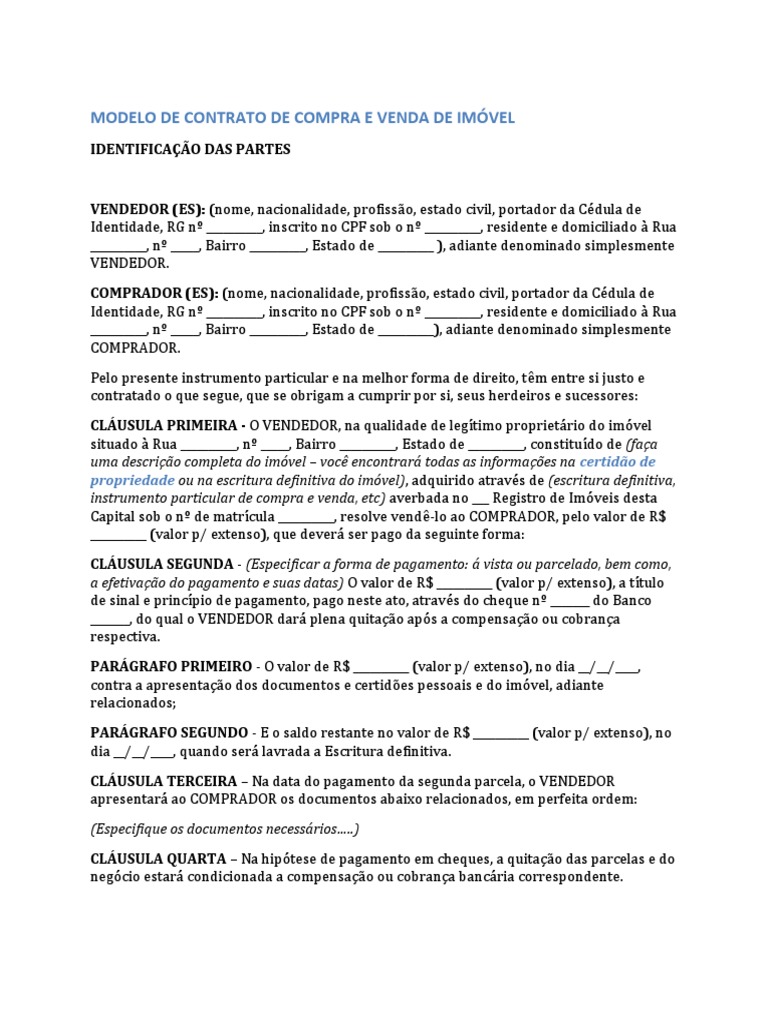 Modelo De Contrato De Compra E Venda De Imovel Atualizado Pdf