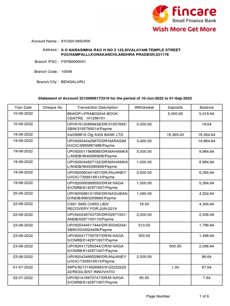 Andhra Bank Account Statement | PDF | Banking | Financial Services