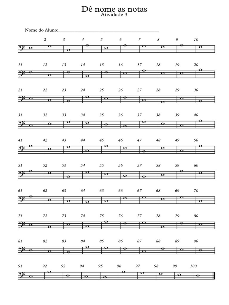 Dê Nome As Notas - CLAVE DE FÁ - Atividade 3 | PDF