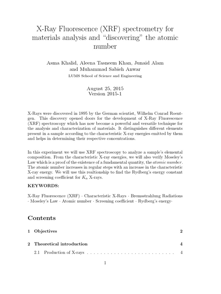 Verification of Moseley's Law and Elemental Analysis Using X-Ray Fluorescence Spectrometry | PDF ...