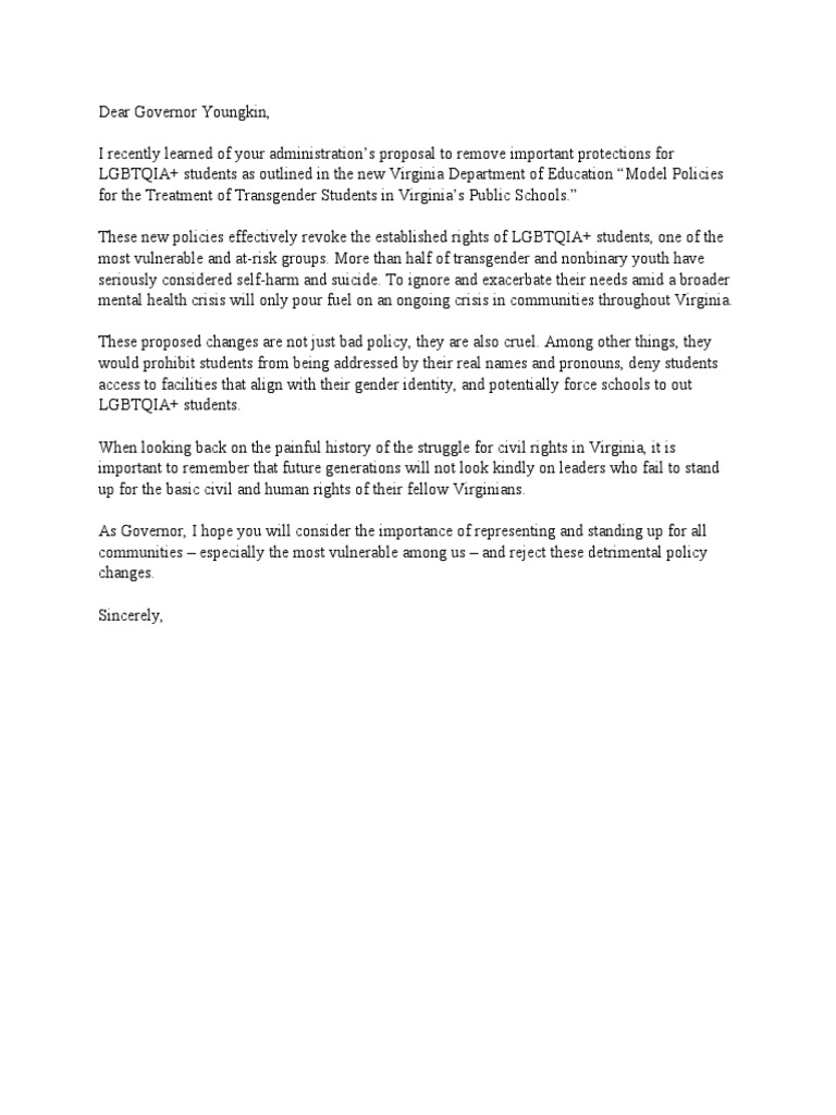 Letter To Governor Youngkin | PDF | LGBTQIA+ Studies | Lgbt