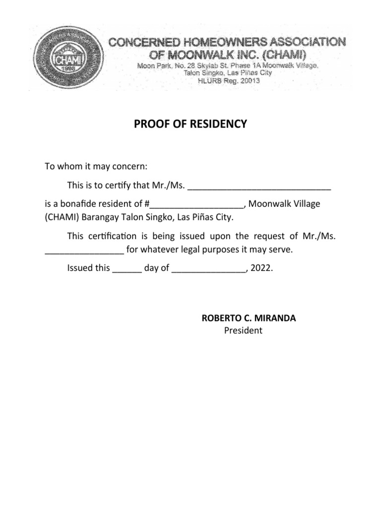 Certificate of Residency - Moonwalk Village | PDF