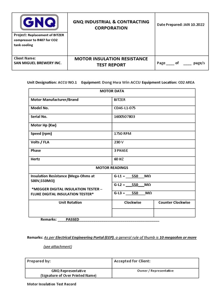 SMBI - IN.FI12 REV02 Motor Insulation Resistance Test Report | PDF ...