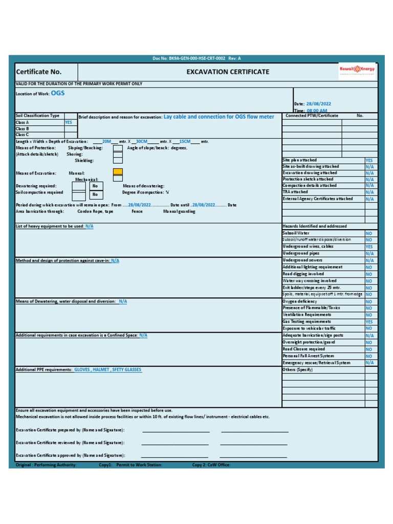 Excavation CERTIFICATE | PDF | Safety