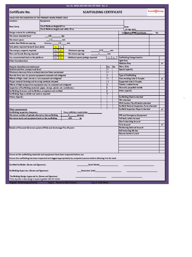 Scaffolding Inspection and Certification Report | PDF | Scaffolding ...