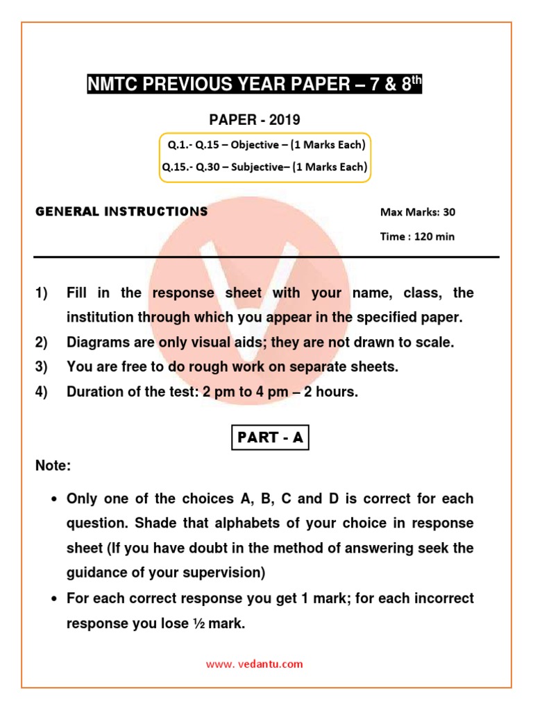 NMTC-2022 - Previous Year Question Papers For Class 7 and 8 | PDF ...