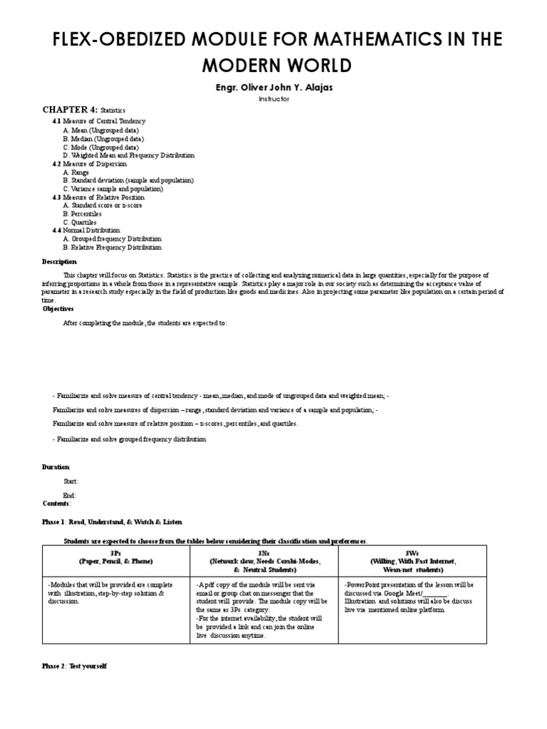 Mmw Chapter 4 Statistics Part 1 Measures Of Central Tendency And Measures Of Dispersion Pdf