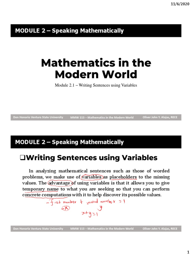 Module 2.1 - Speaking Mathematically | PDF | Variable (Mathematics) | Logic