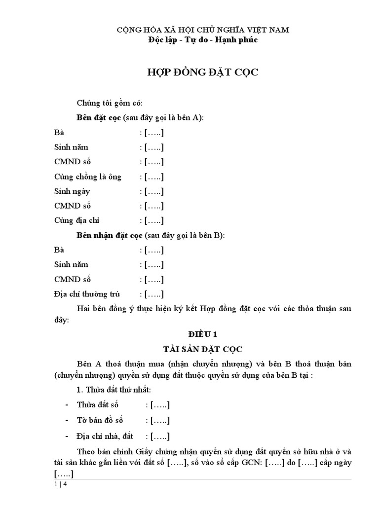 Mau Hop Dong Dat Coc Chuyen Nhuong Quyen Su Dung Dat 2 | PDF