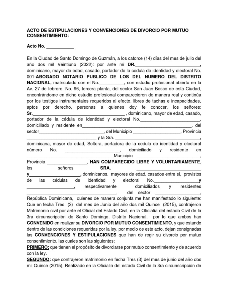 Acto de Estipulaciones y Convenciones de Divorcio Por Mutuo Consentimiento | PDF | Divorcio ...