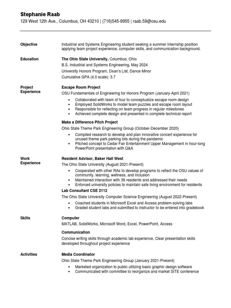 Resume Fall 2022 | PDF | Ohio State University | Design