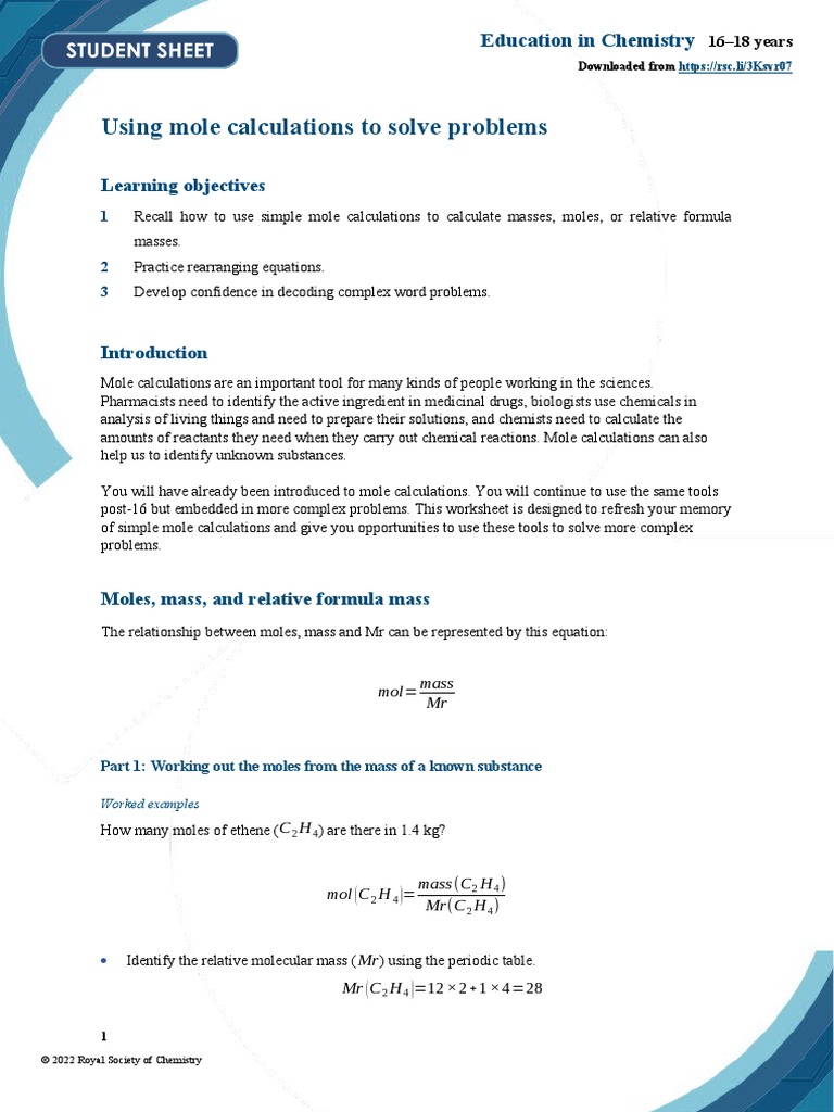 Using Mole Calculations To Solve Problems: Learning Objectives | PDF | Mole (Unit) | Chemistry