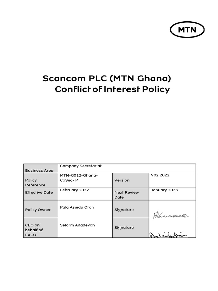 Scancom PLC MTN GH Conflict of Interest Policy Signed | PDF | Conflict ...