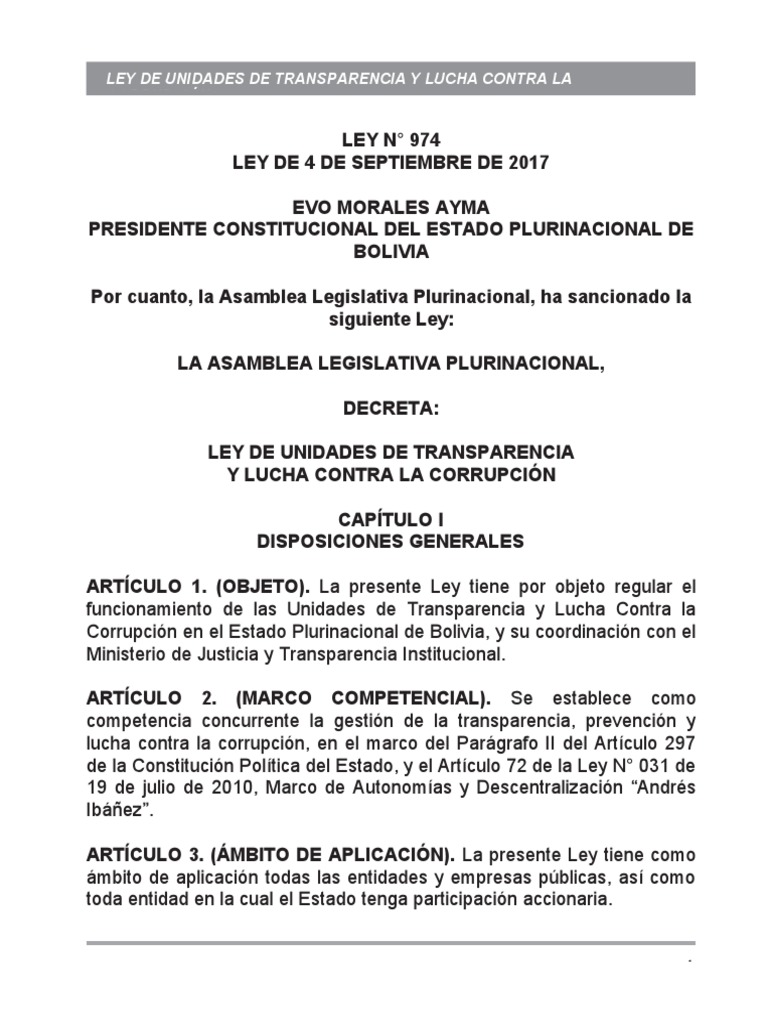 Ley #974 de La Ley de Unidades de Trasparencia y Lucha Contra La ...