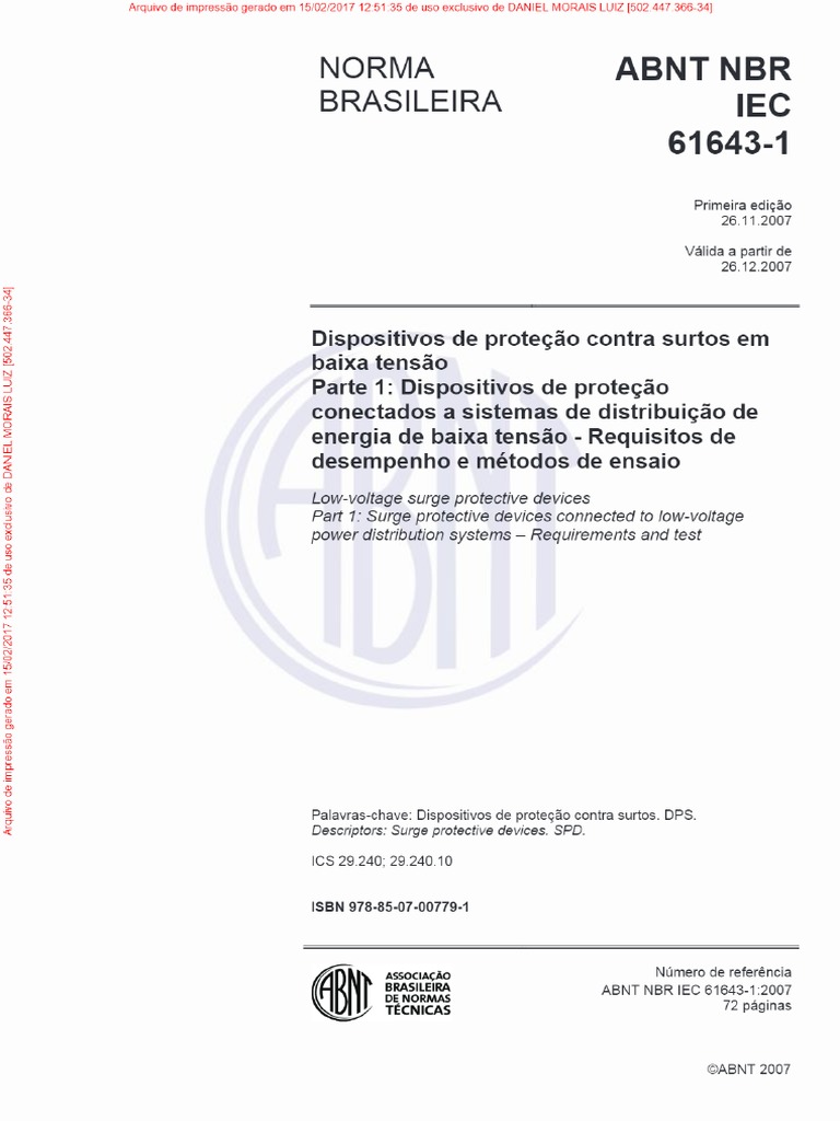 NBR IEC 61643-1 Dispositivos de Proteção Contra Surto em Baixa Tensão | PDF