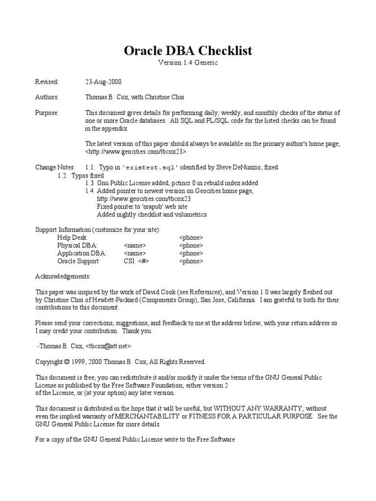 DBA Checklist 14 | PDF