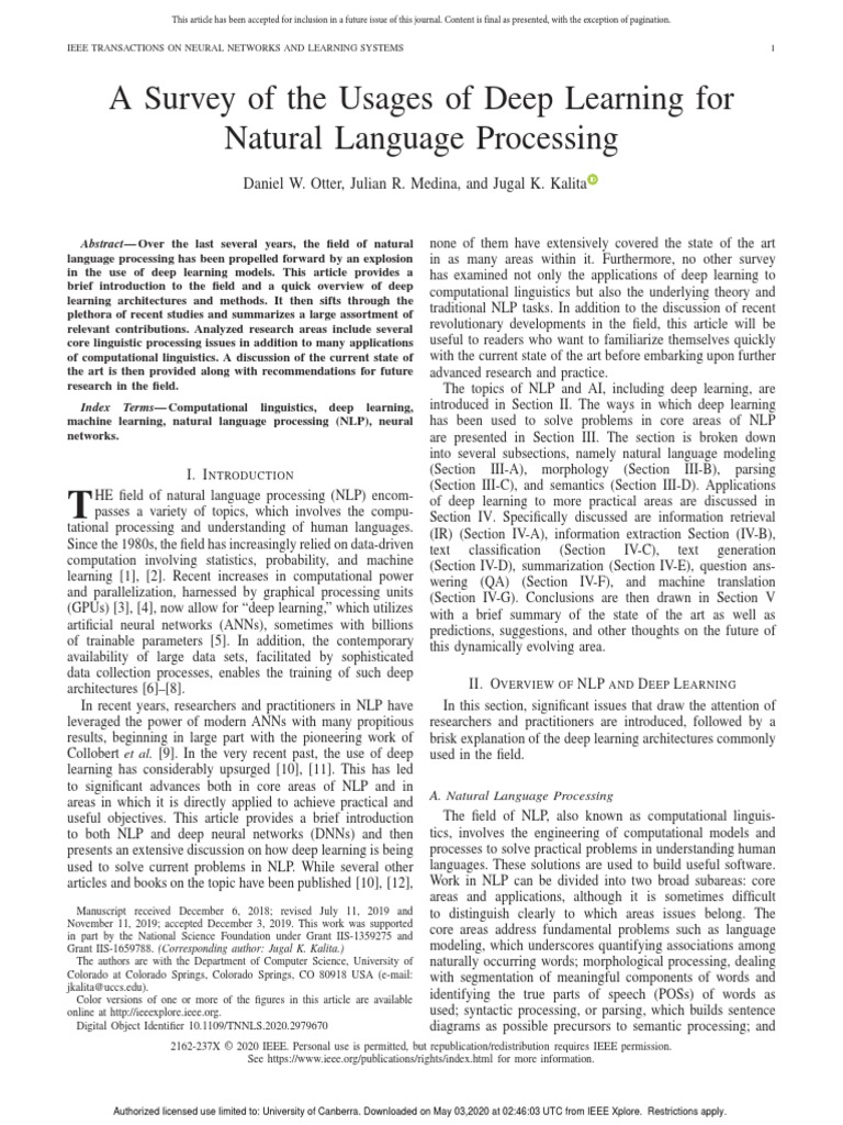j2020 A Survey of The Usages of Deep Learning For Natural Language Processing | PDF | Deep ...