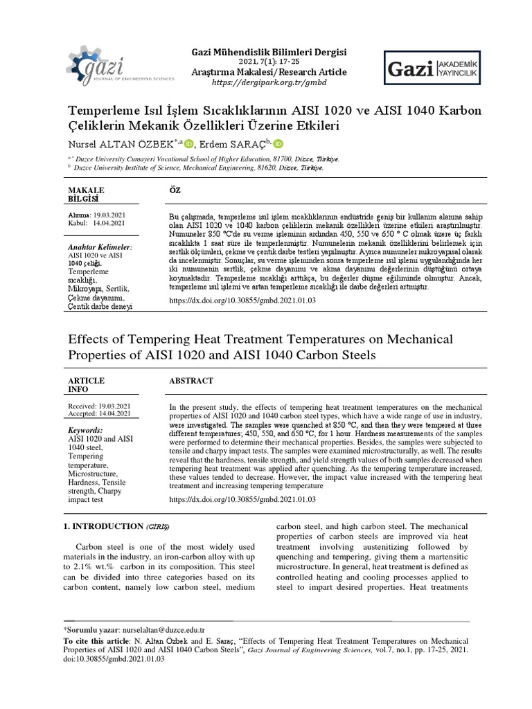 Temperleme Is L Lem S Cakl Klar N N Karbonlu Eliklerin Mekanik ...