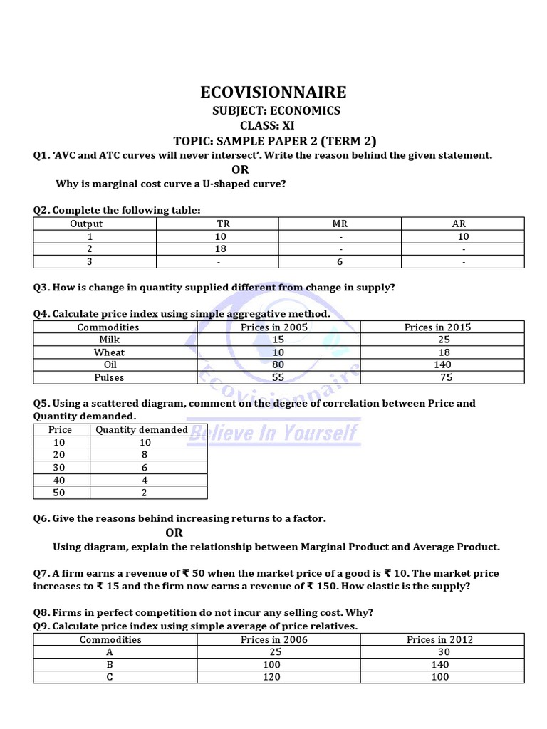 Sample Economics Exam Covering Key Concepts Including Supply and Demand ...