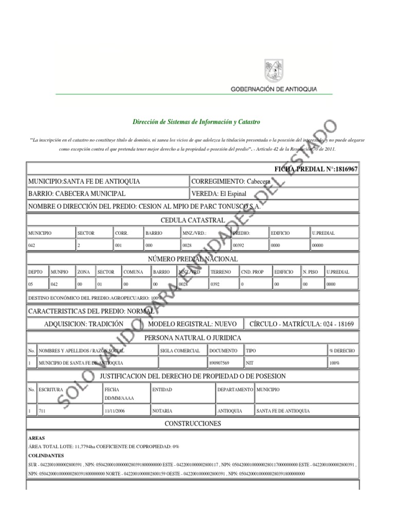 2060 Certificado Ficha Predial 1816967 | PDF | Urbano | Propiedad