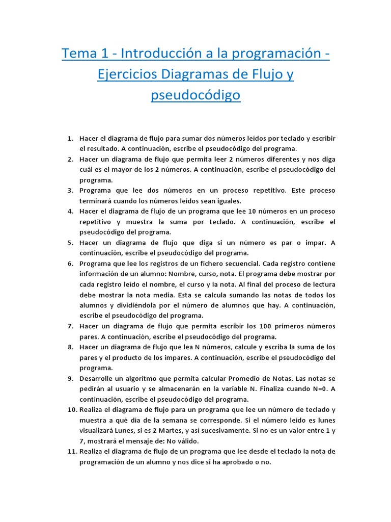 Tema 1 - Introducción A La Programación - Ejercicios Diagramas de Flujo y Pseudocódigo | PDF ...