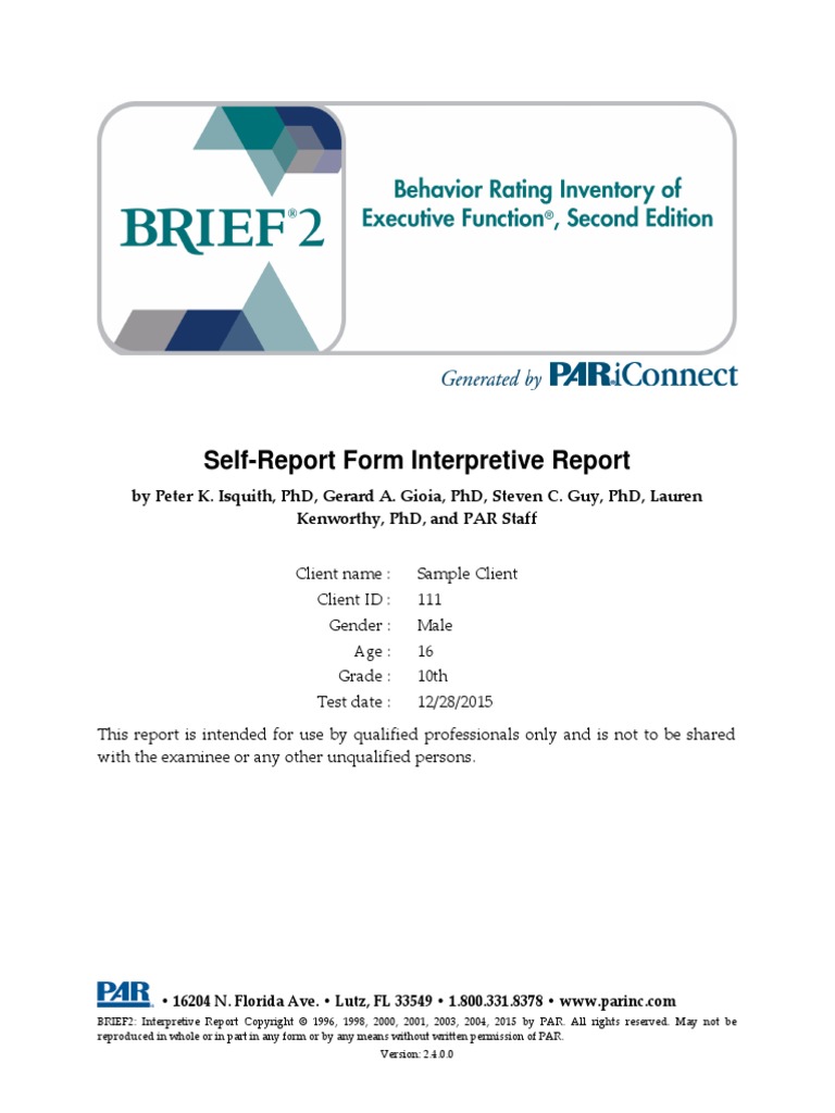 BRIEF2 Self PiC Interpretive Sample Report | PDF | Working Memory | Memory