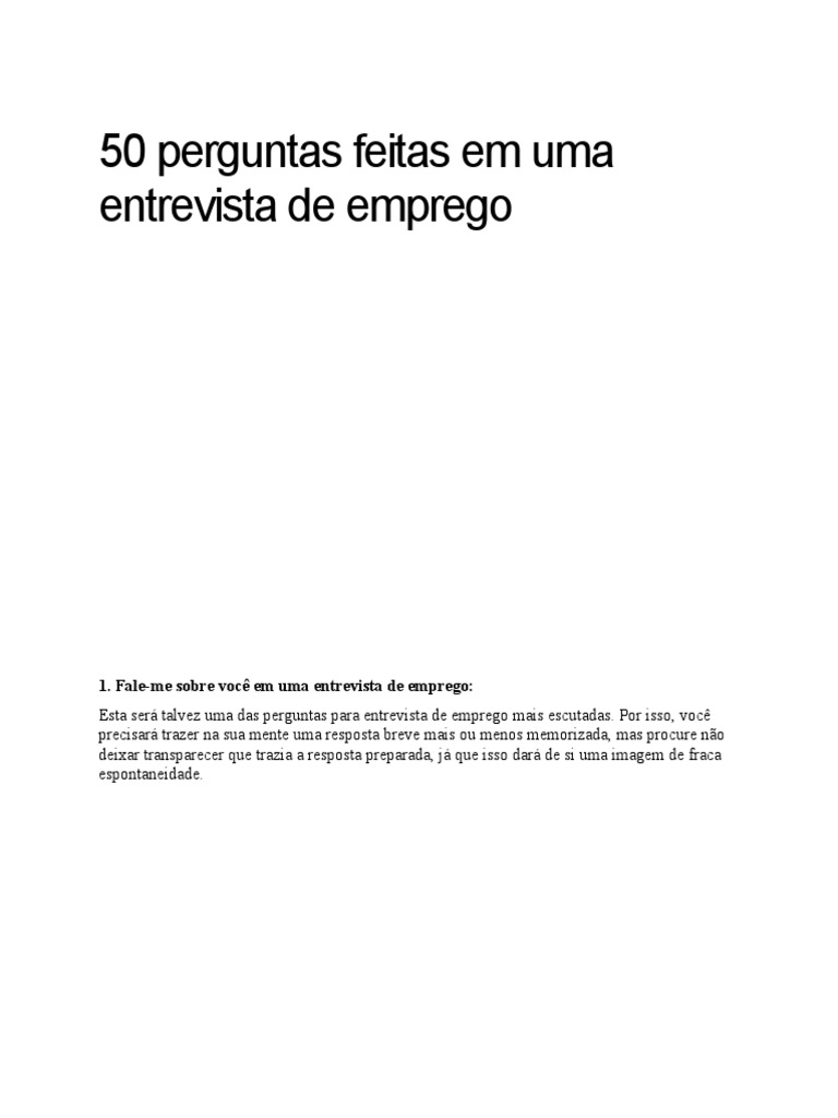 50 Perguntas Feitas em Uma Entrevista de Emprego | PDF | Experiência ...