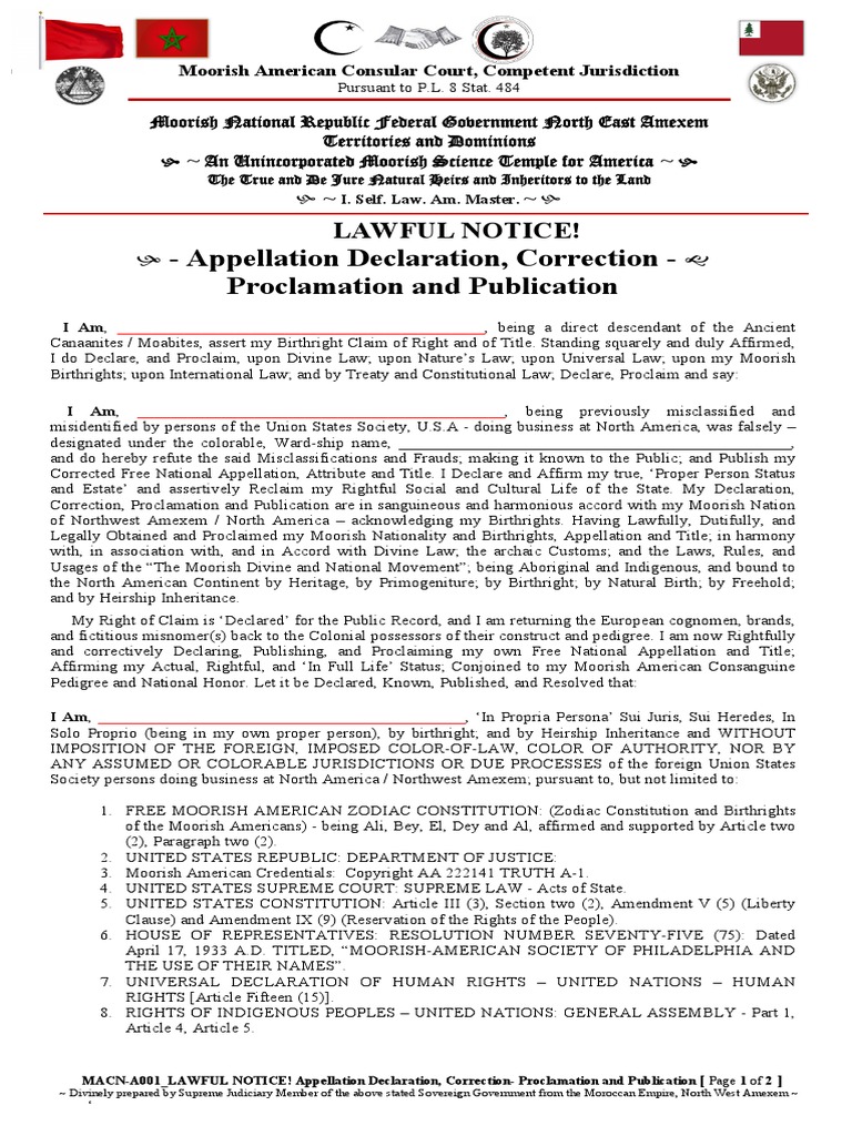 Moorish Appellation Declaration Notice | PDF | Jurisdiction | Ethical ...