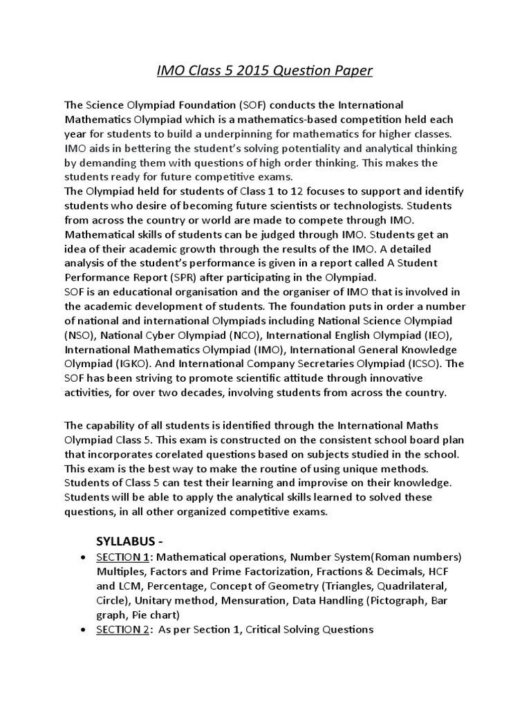 IMO Class 5 2015 Question Paper | PDF | Test (Assessment) | Mathematics