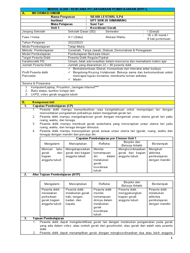 RPP Seni Tari Kls I Sms 1 | PDF