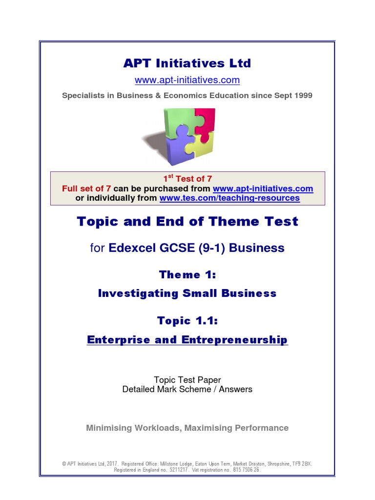 APTs 1st Topic Test (Of 7) For Edex GCSE Bus Theme 1 | PDF ...